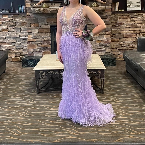 Jovani | Dresses | Jovani 3023 Sheer Embellished Bodice Feather Prom ...